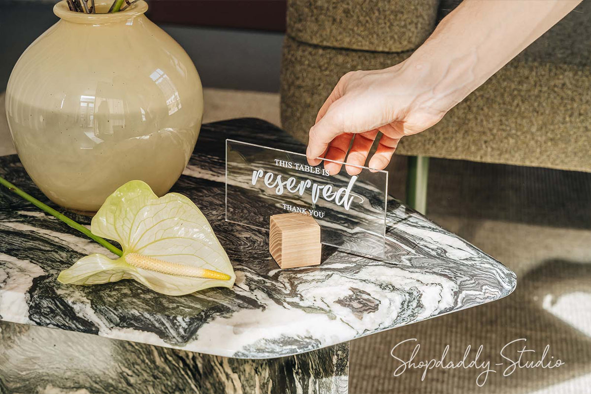 Acrylic Reserved Sign With Cube Wooden Stand – Shopdaddy-Studio