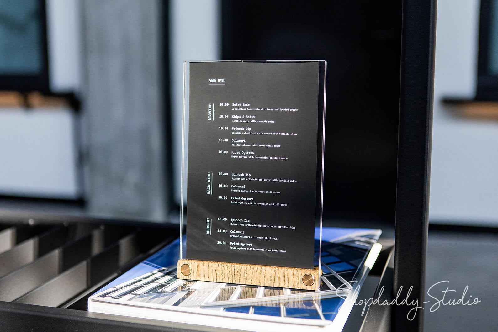Acrylic Table Top Menu Holder with Walnut Ashwood Stand and Brass Scre ...