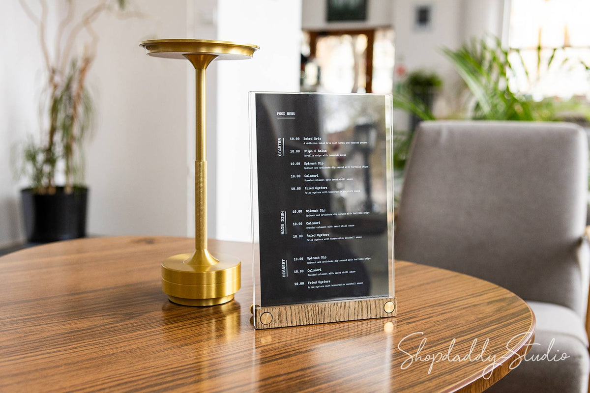 Acrylic Table Top Menu Holder with Walnut Ashwood Stand and Brass Scre ...