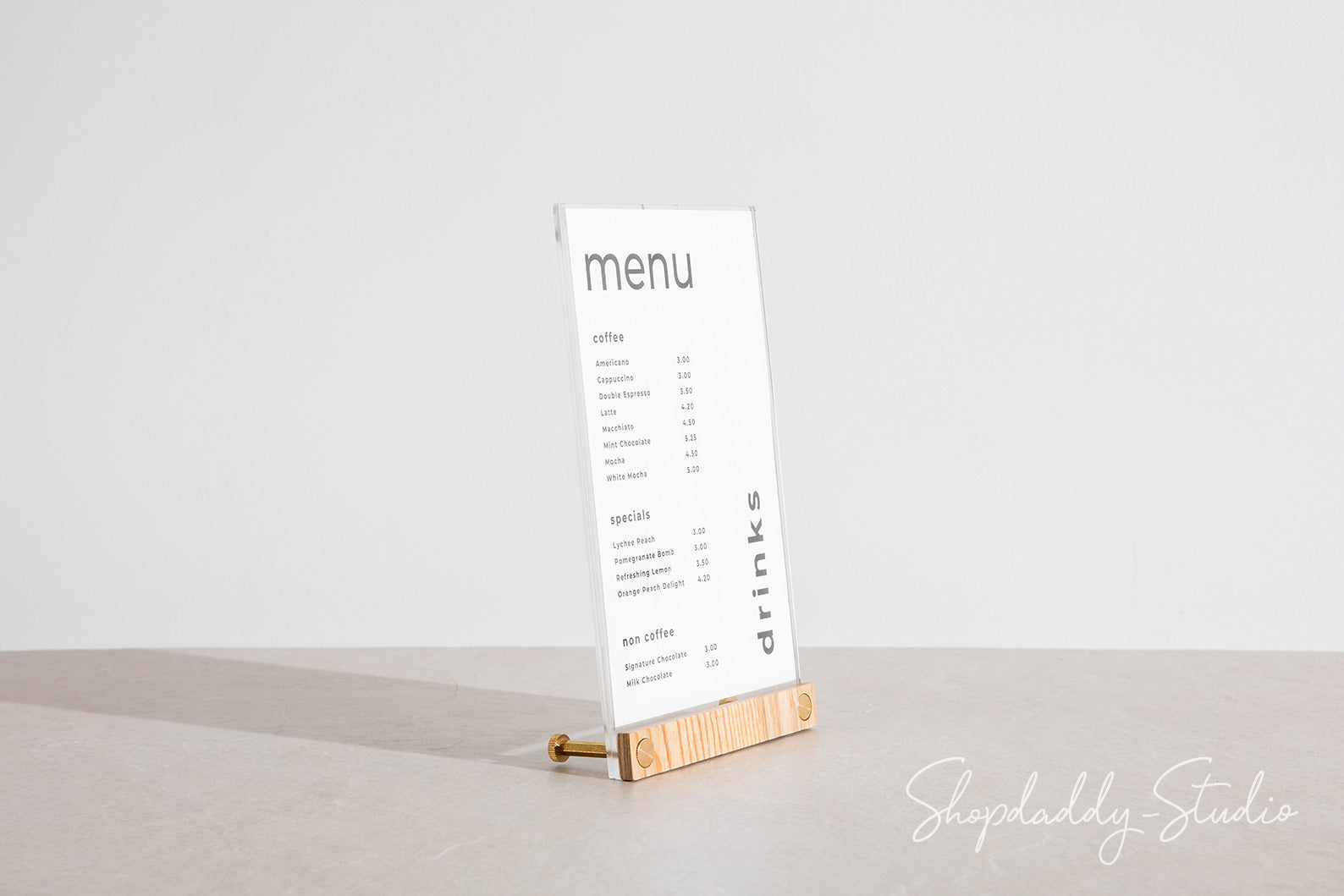 Acrylic Table Top Menu Holder with Matt Lacquer Ashwood Stand and Bras ...