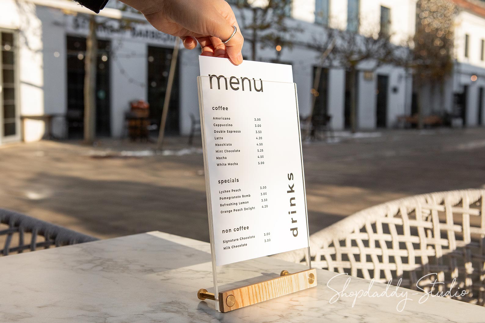 Acrylic Table Top Menu Holder with Matt Lacquer Ashwood Stand and Bras ...