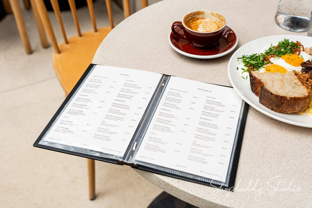 Black Wooden Menu Holder With Plastic Sleeves – Shopdaddy-Studio