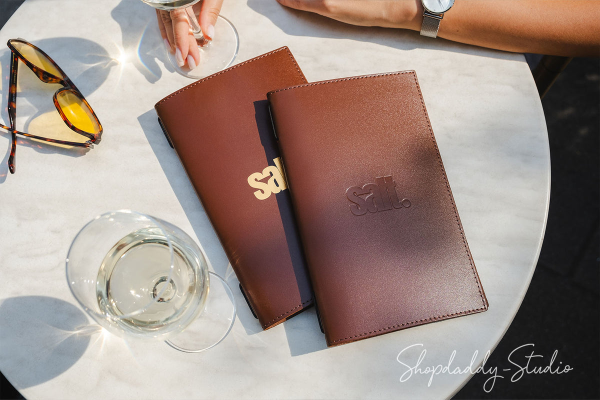 Brown Menu Cover with Stitching and Elastic Band – Shopdaddy-Studio