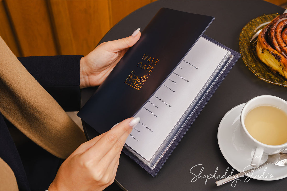 Dark Blue Thick Leather Menu Cover With Plastic Sleeves – Shopdaddy-Studio
