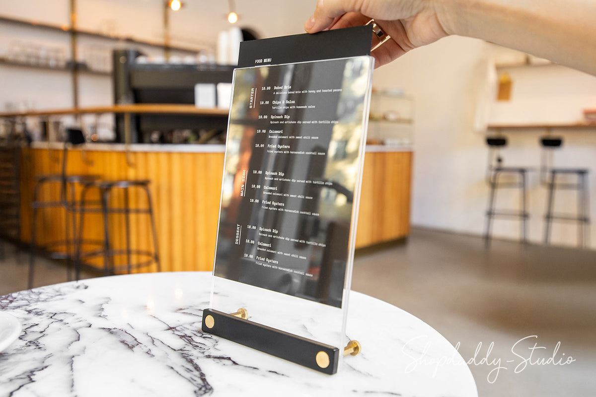Acrylic Table Top Menu Holder with Black Ashwood Stand and Brass Screw ...