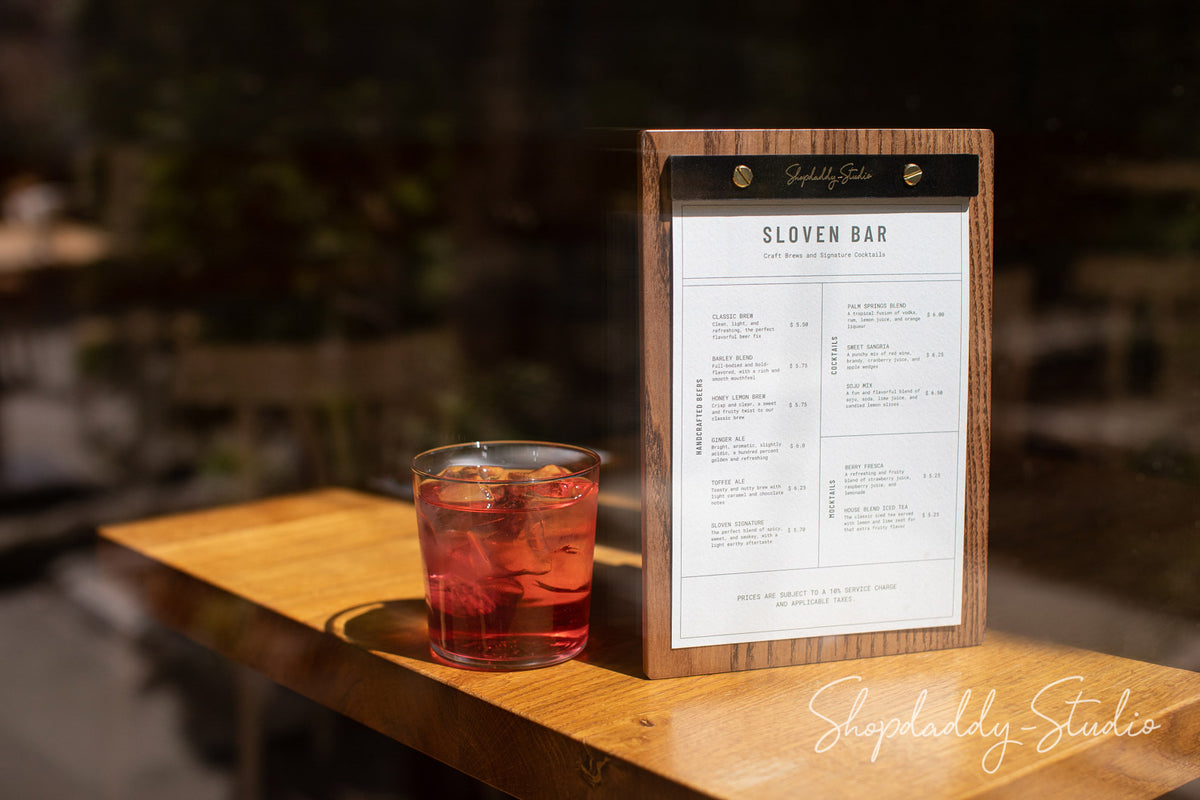 Walnut Wooden Menu Holder With Leather Plank – Shopdaddy-Studio