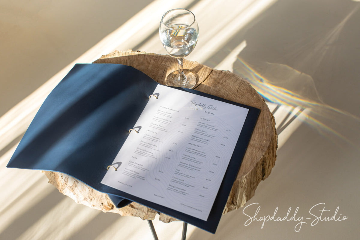 Dark Blue Thick Leather Menu Cover with Golden Rings – Shopdaddy-Studio
