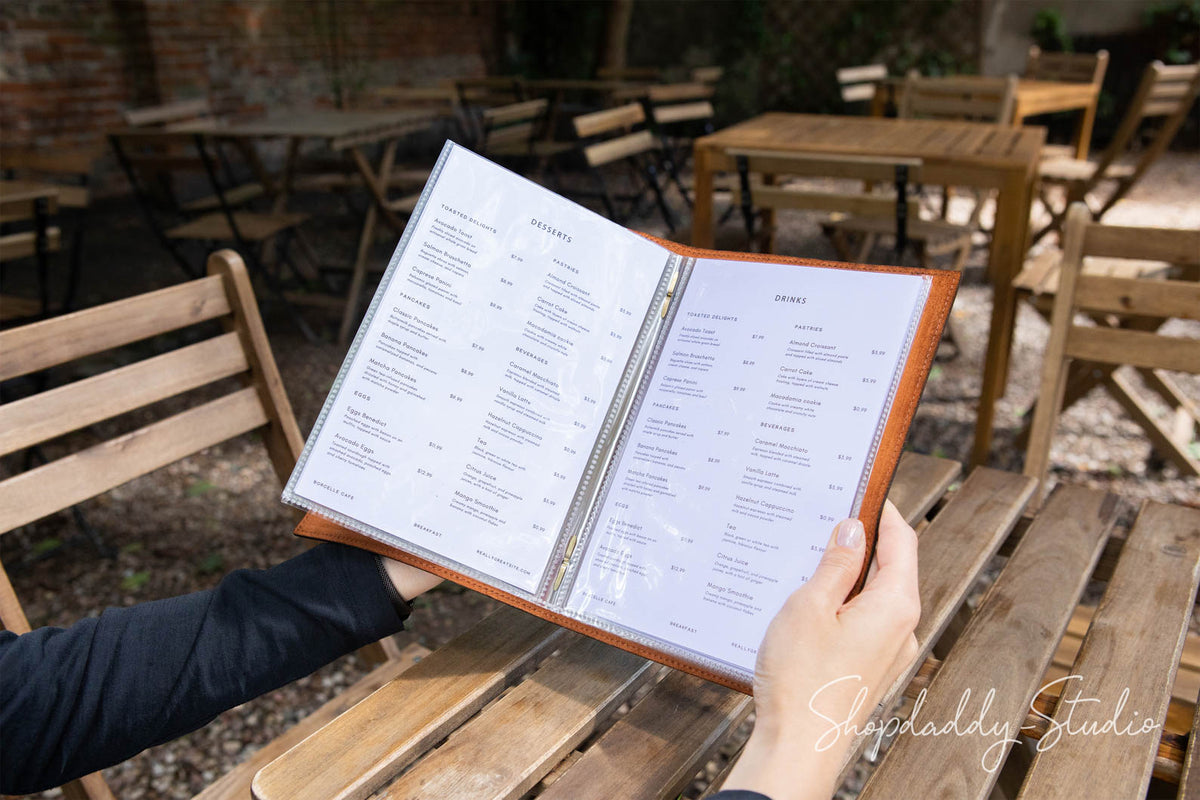 Brown Leather Menu Cover with Plastic Sleeves – Shopdaddy-Studio