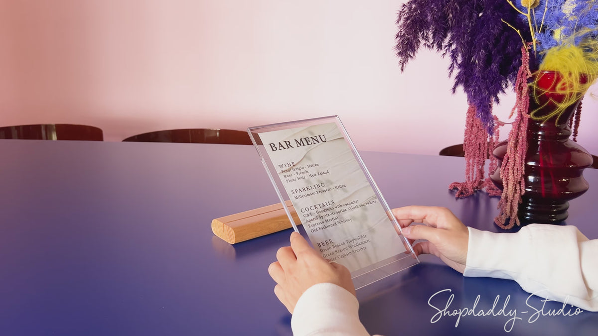 Acrylic Table Menu with Wooden Rounded Stand – Shopdaddy-Studio