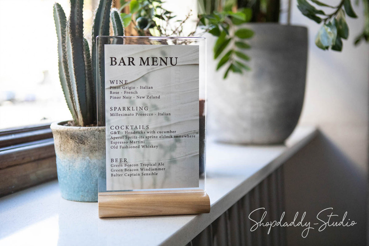 Acrylic Table Menu with Wooden Rounded Stand – Shopdaddy-Studio