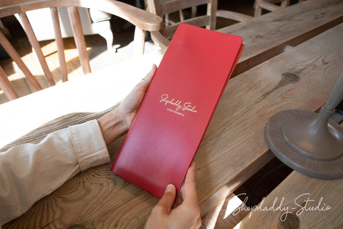 Red Leather Menu Cover with Plank – Shopdaddy-Studio