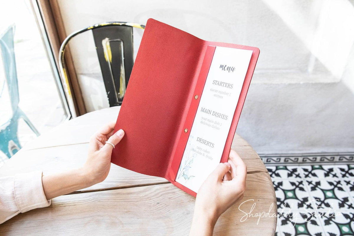 Red Leather Menu Cover with Plank – Shopdaddy-Studio